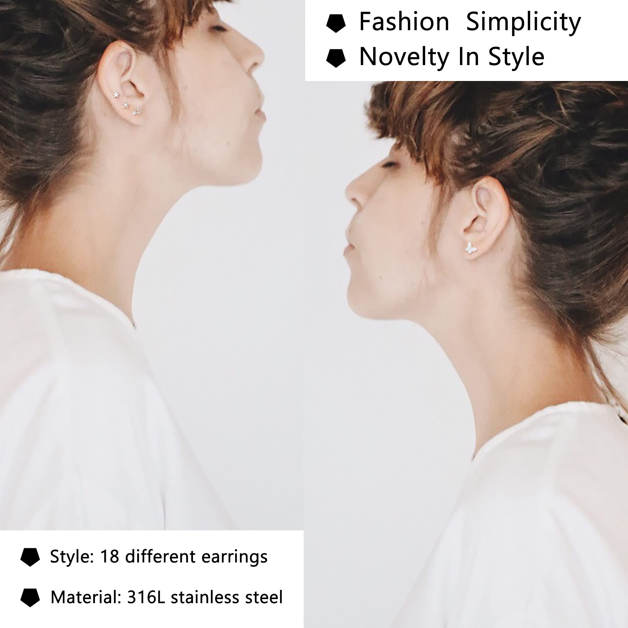18 Pairs Stainless Steel Star Moon Stud Earrings for Women Cute Bar CZ Stud Earring Set (silver-tone)