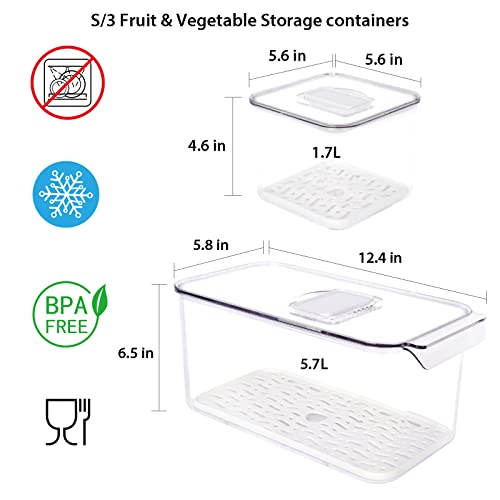 3 Pcs Fruit Fresh Keeper Vegetable Storage Containers Set Fresh Produce Saver with Lids and Vents,Stackable Salad Lettuce Keeper for Refrigerator or Easy Carry,BPA-free Stay Fresh Containers,5.7L&1.7L&1.7L