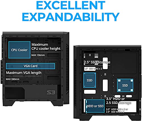 Zalman S3 TG ATX Mid-Tower PC Case, 3 x 120mm Fans Pre-Installed, Tinted Tempered Glass Side Panel, USB 3.0, Black