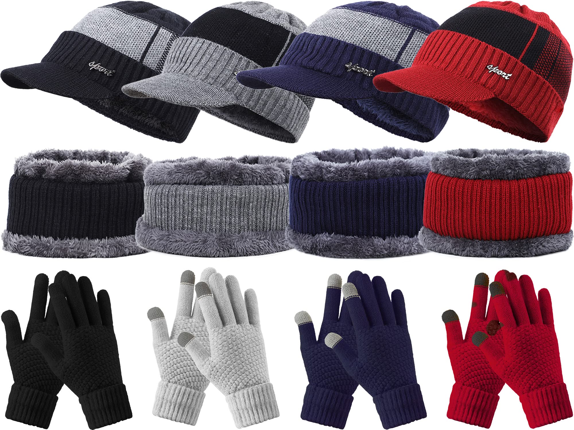 12 Pcs Winter Hat Scarf Gloves Set Winter Slouchy Skull Cap Knit Hats Winter Touch Screen Gloves Neck Warmer (Stylish)