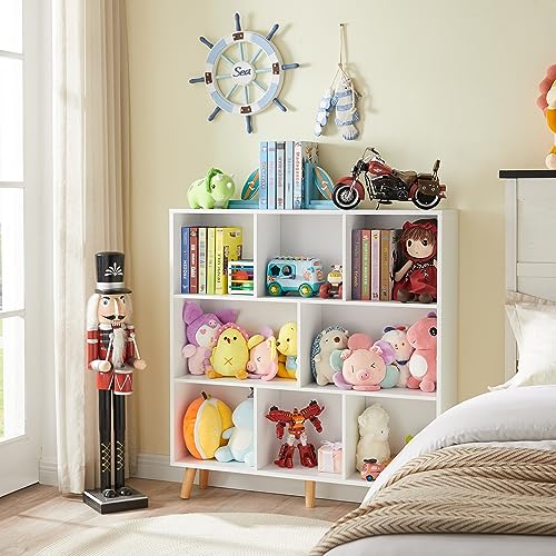 3-Tier Bookshelf, 8-Section Wooden Bookcase, Storage Organizer with Pine Legs, Modern Storage Display Cabinet for Living Room, Classroom, Kid’s Room (White)