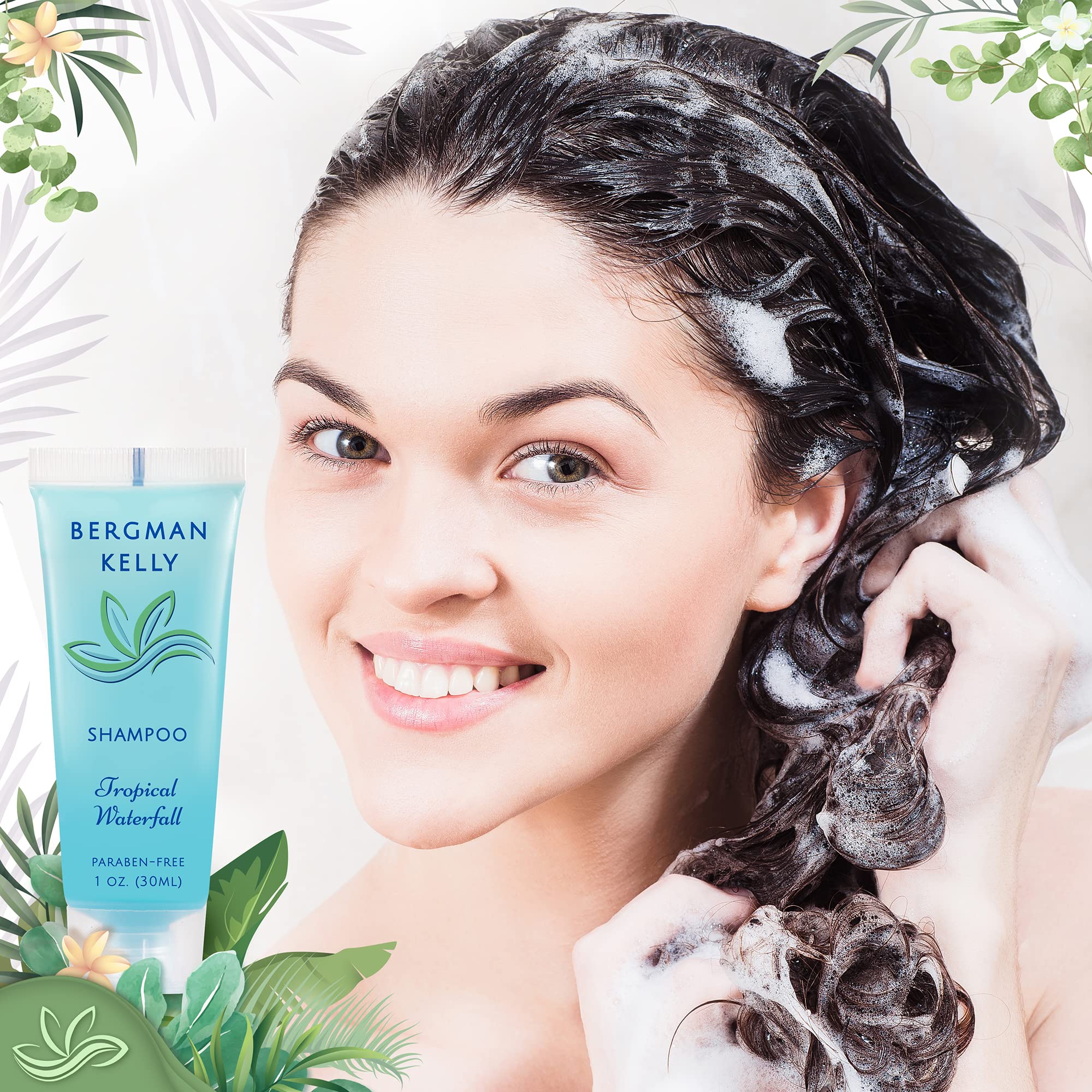 BERGMAN KELLY Travel Size Hotel Shampoo (1 fl oz, 100 PK, Tropical Waterfall), Delight Your Guests with Invigorating and Refreshing Shampoo Hotel Amenities, Mini & Small Size Luxury Shampoo in Bulk