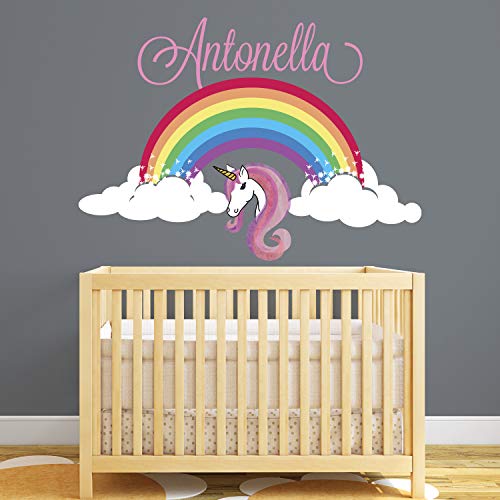Unicorn Wall Decal Art Custom Name Wall Decals Girls Bedroom Nursery Rainbow Wall Decor Removable Vinyl Wall Stickers ND19 (24"W x 18"H inches)