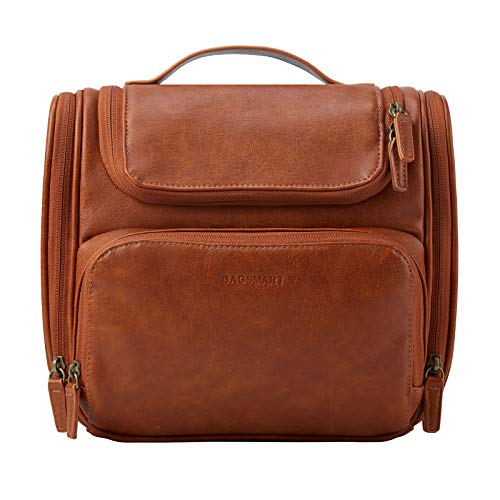BAGSMART Hanging Toiletry Bag, Water-resistant Leather Dopp Kit, Large Travel Organizer for Full Sized Container, Brown