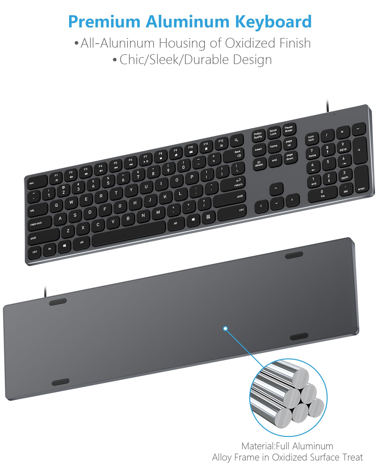 9H Aluminum USB Wired Keyboard with Numeric Keypad for PC Windows 10/8 / 7 / Vista/XP