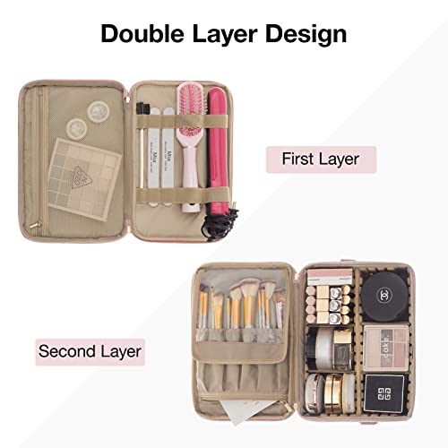 BAGSMART Medium Makeup Bag, Double Layer Large Cosmetic Makeup Organizer Travel Makeup Train Case with Shoulder Strap for Cosmetics Makeup Brushes Toiletries Travel Accessories (Pink)