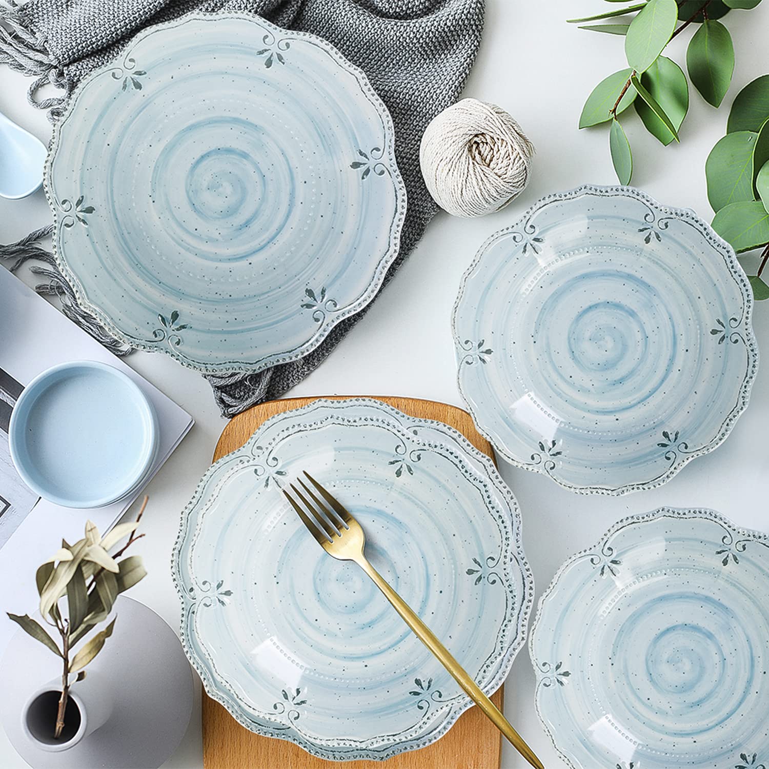 12 Piece Melamine Dinnerware Sets Service for 4 - Includes 4 Dinner Plates 4 Salad Plates and 4 Bowls Made of A5 Melamine Use at Home & Outdoor Dining, Picnic, Camping and Rvs - Swirls Design