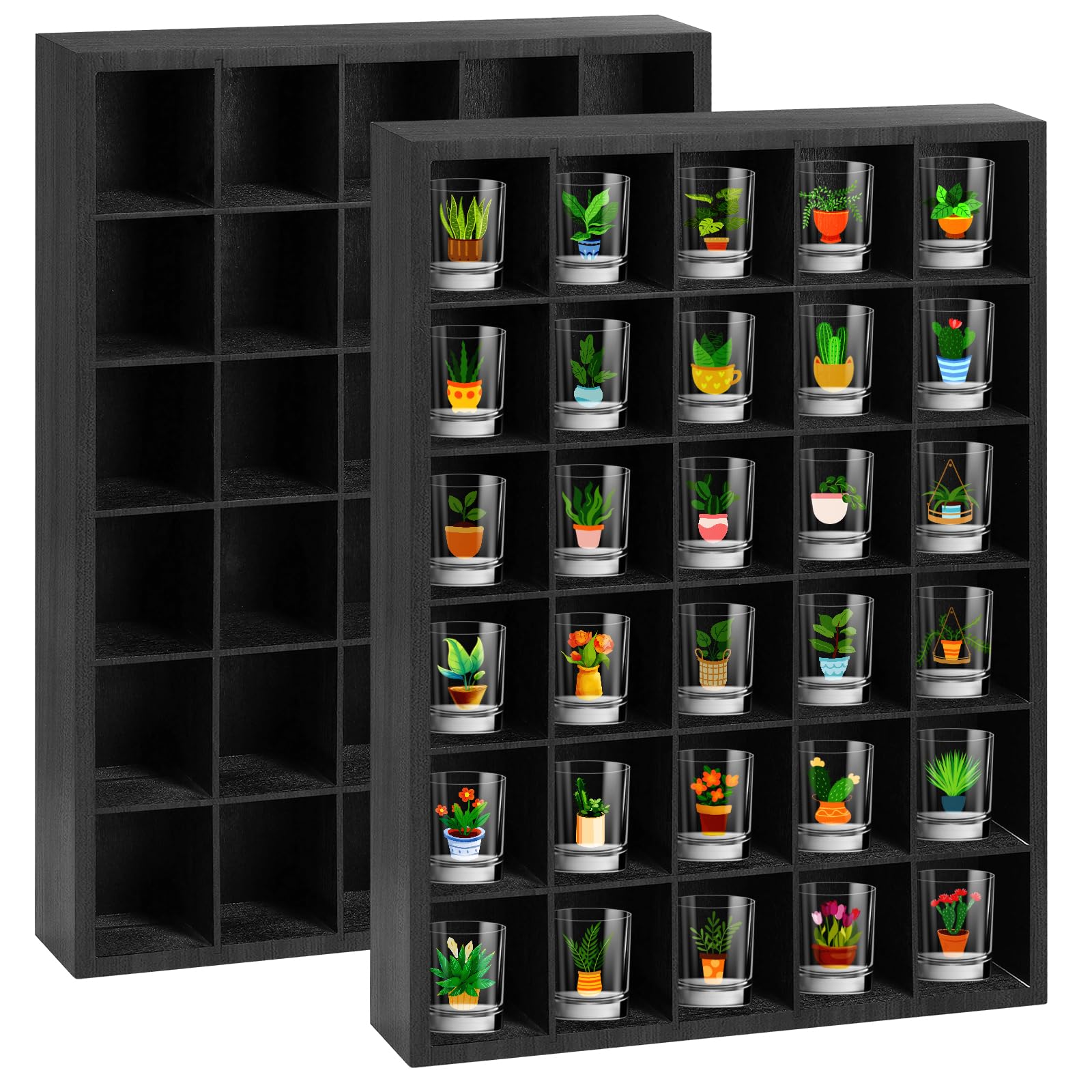 2 Pcs Shot Glass Display Case Black Wooden Shot Glass Holder Display Wall Mounted Shadow Box with Removable Shelves Shot Glasses Shelf Glass Rack Thimble Display Case Shot Glass Storage Case, 30 Slots