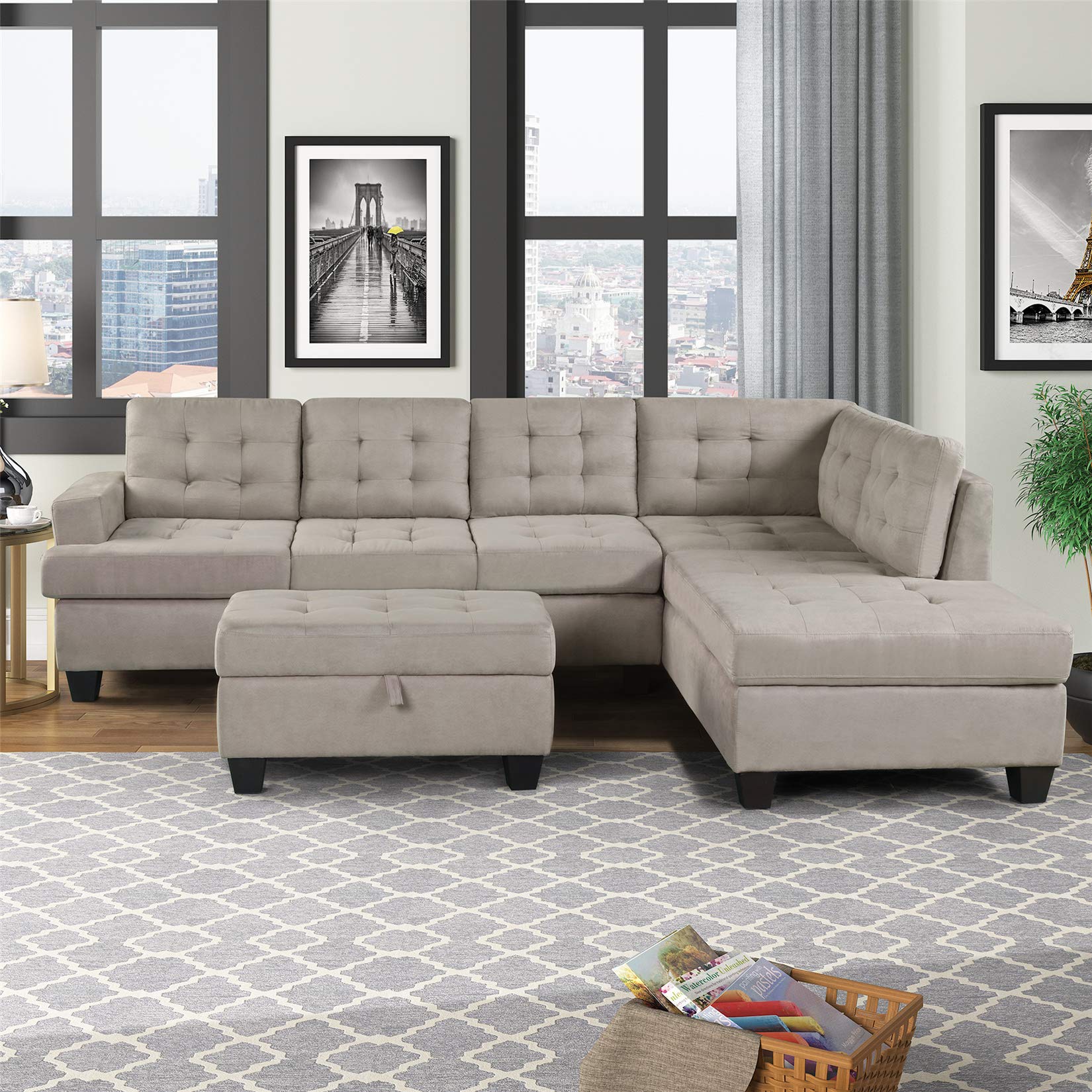 3 Piece Sectional Sofa, L-Shaped Sofa Couch, Living Room Rivet Modern Upholstered Set with Ottoman and Cushions (Gray with Chaise)