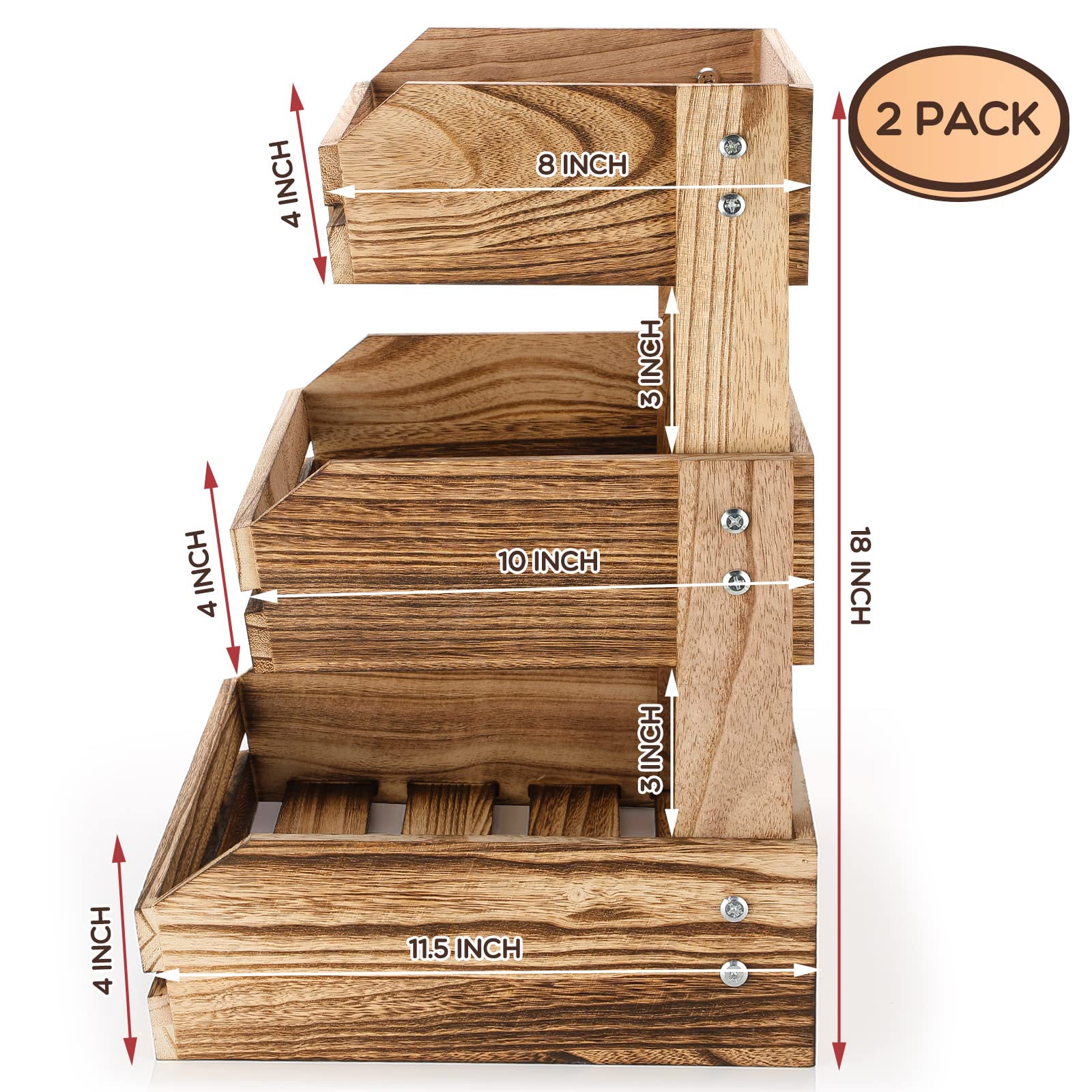 2 Pcs 3 Tier Fruit Basket for Kitchen Wooden Fruit Bowl Fruit Stand for Kitchen Countertop Heavy Duty Fruit and Vegetable Storage Holder for Fruit, Vegetables, Bread, Produce Home Storage and Display