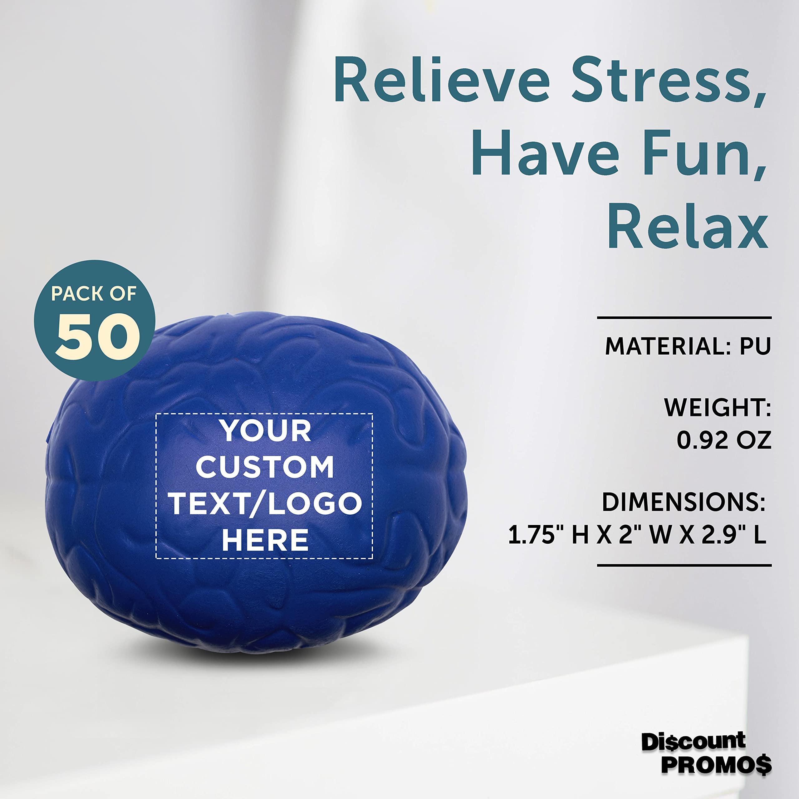Custom Brain Squeeze Balls Set of 50, Personalized Bulk Pack - Stress Relief, Perfect for Your Desk, Office or Home - Blue