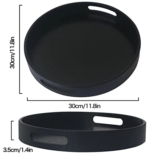 3.5 cm Deep Solid Wood Serving Tray, Round with Handle Hole Non-Slip Tea Coffee Snack Plate Food Meals Serving Tray with Raised Edges for Home Kitchen Restaurant(11.8 inch, Black)