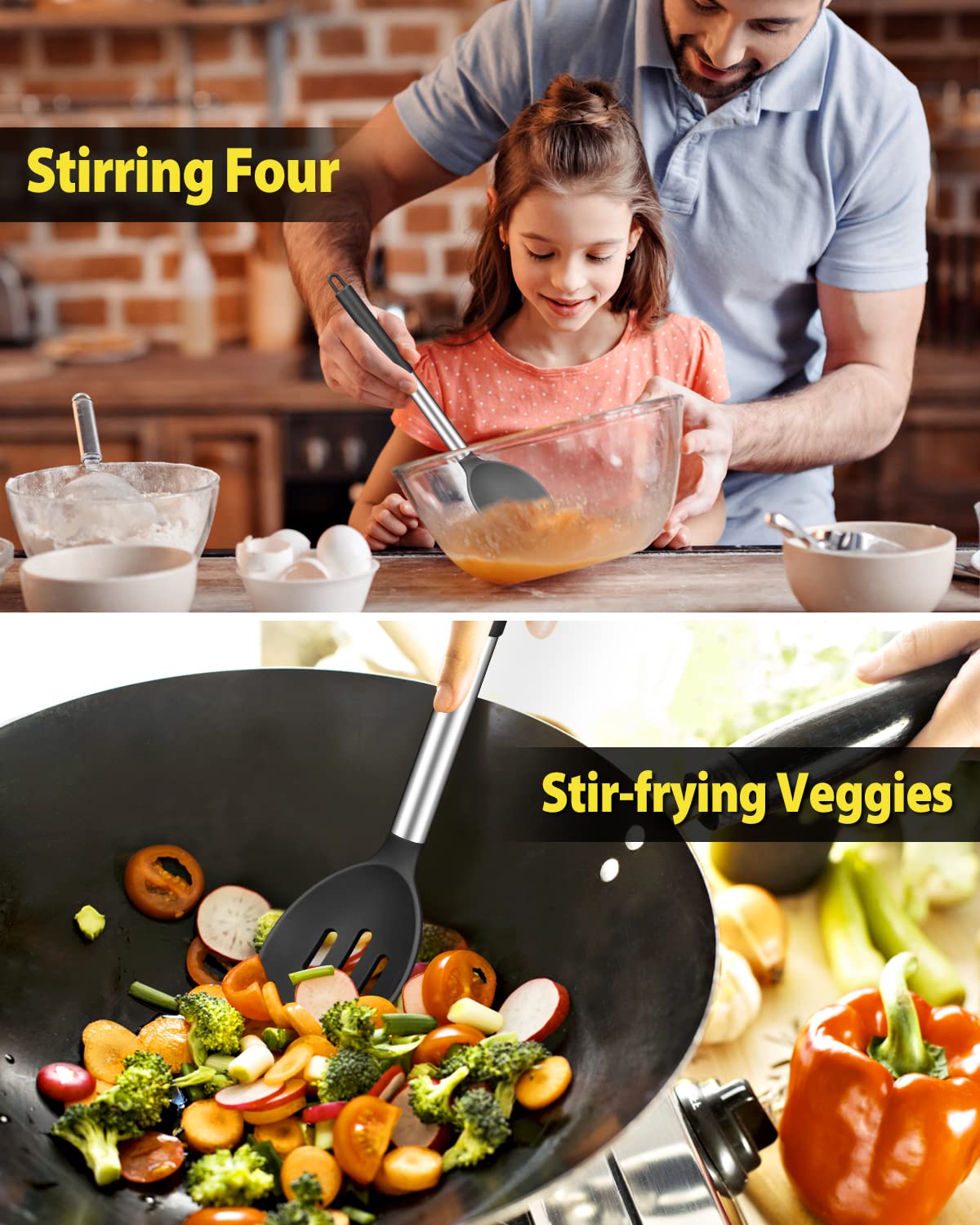 2 Pcs Silicone Cooking Spoons, Solid and Slotted Spoon Set, Non-Stick BPA Free Heat-Resistant Basting Kitchenware for Soup, Serving, Draining, Stirring(Grey)