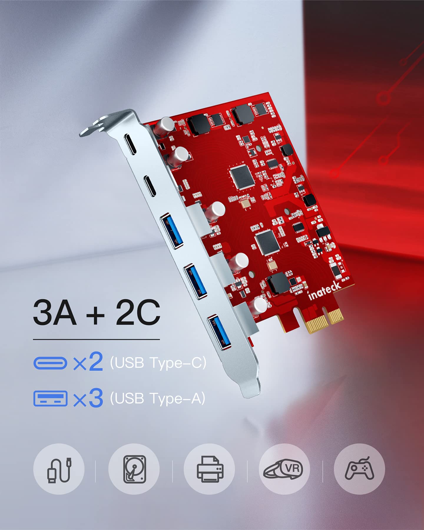 Inateck PCIe to USB 3.2 Gen 2 Extension Card with 5 Ports 8 Gbps Bandwidth,No External Power Source Required, RedComets U25