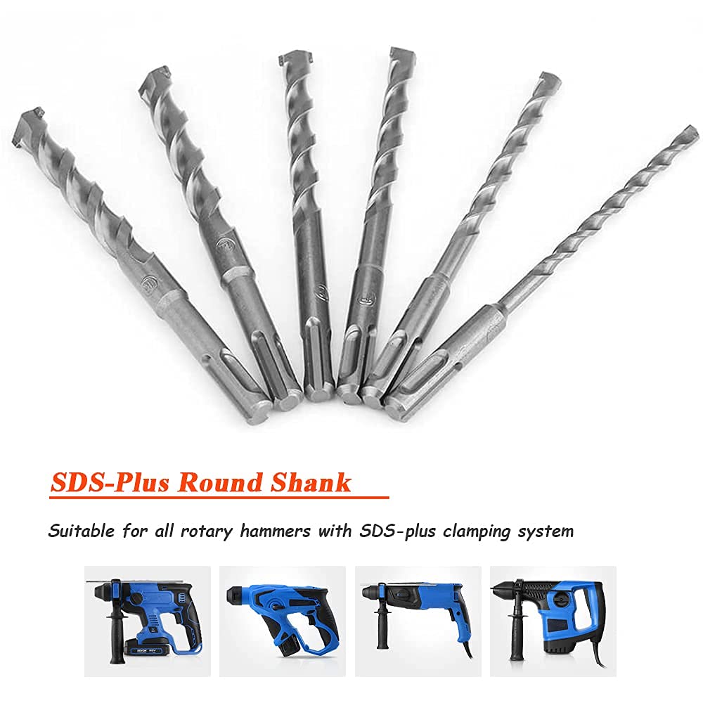 Mesee 6 Pcs SDS Plus Hammer Drill Bit Set Carbide Tipped SDS-Plus Rotary Hammer Drill Bits with Storage Box Rotary Electric Hammers Drilling Hole Tool, 6mm 8mm 10mm 12mm 14mm 16mm