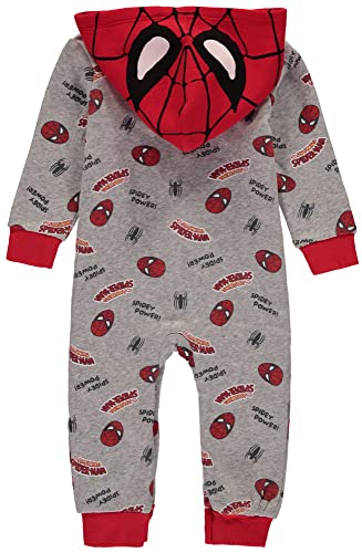 SPIDER-MAN Spiderman Baby Boys Bodysuit One Piece - Long-Sleeve Hooded Jumpsuit - Baby Boy Clothes (Grey/Red/White, 6-9M)