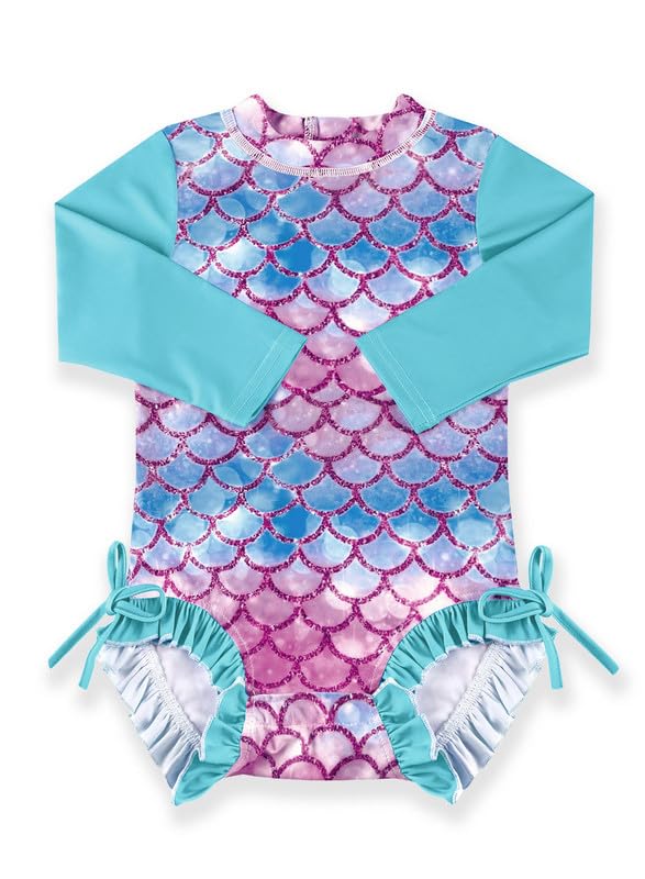 BesserBay Toddler Girls Snaps Bottom 3/4 Sleeve Sun Proteceion Rash Guard Mermaid Blue for Baby Girl 12-18 Months
