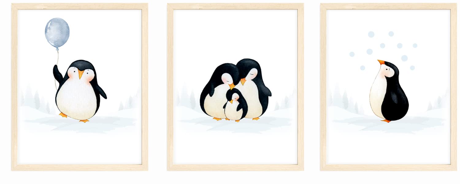 bumbleboo Baby Penguin Nursery Wall Prints, Play Room Decoration, Nursery Wall Art, Nursery Room Decor, Penguin Family Print Set, Unframed, Set of 3 Prints, 8x10 (Blue)