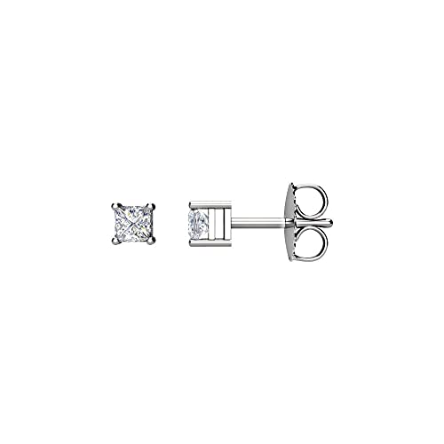 14k White Gold 1/3Ct Square Princess Diamond 4-Prong Stud Earring Pair