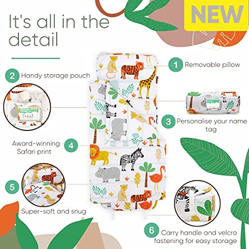 Bloomsbury Mill - Safari Adventure - Jungle Animals - Super Soft Toddler Nap Mat - includes Pillow, Mat and Blanket - Ideal Gift & Sleep Bag for Kindergarten and Pre-School - 20" x 53"