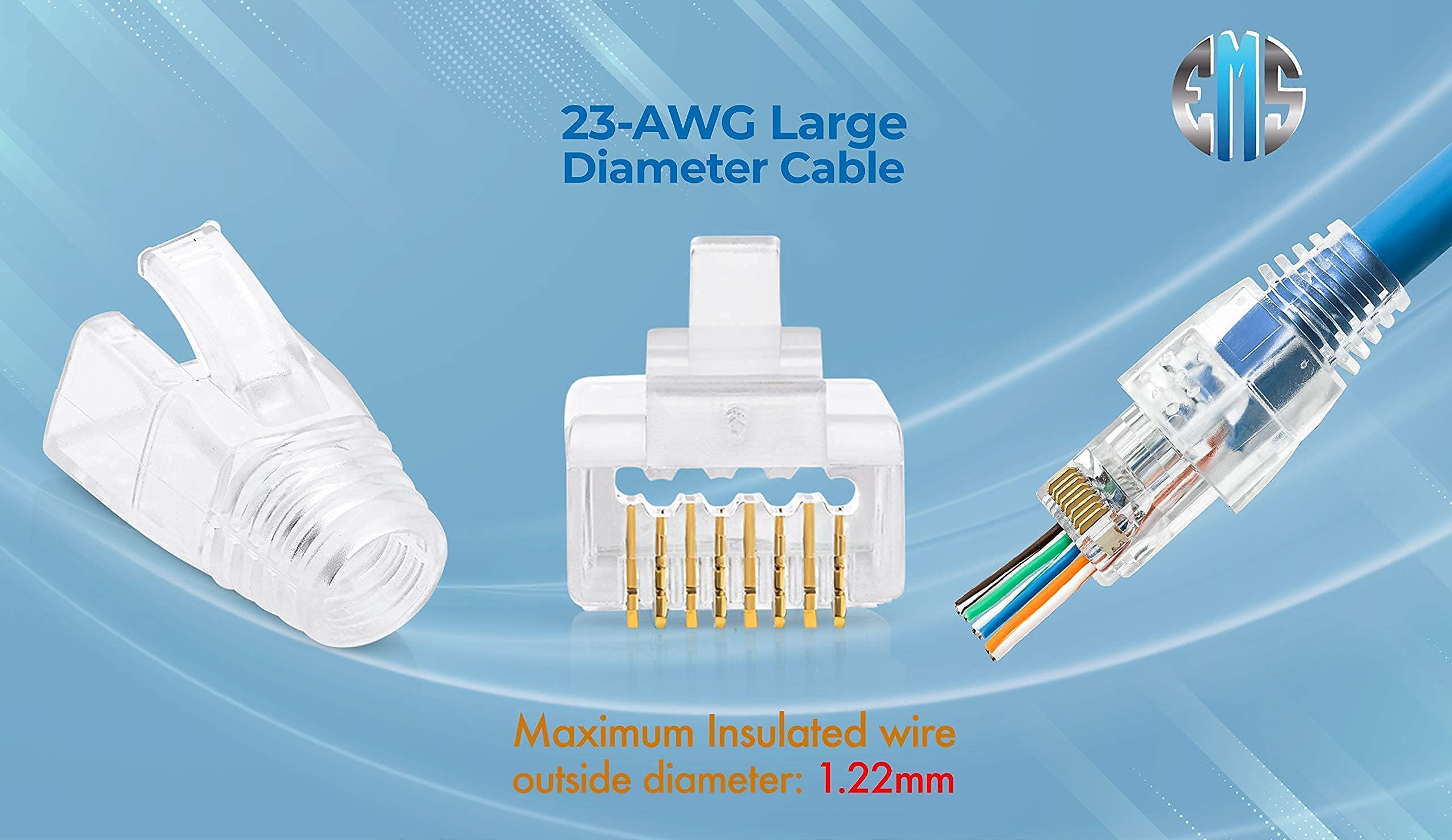 Bundle β 2 items: RJ45 Crimp Tool + 50/50 Pack of Cat6/6a Pass Through Connectors and Strain Relief Boot, for a Thick 23 AWG Large Diameter UTP Cable.