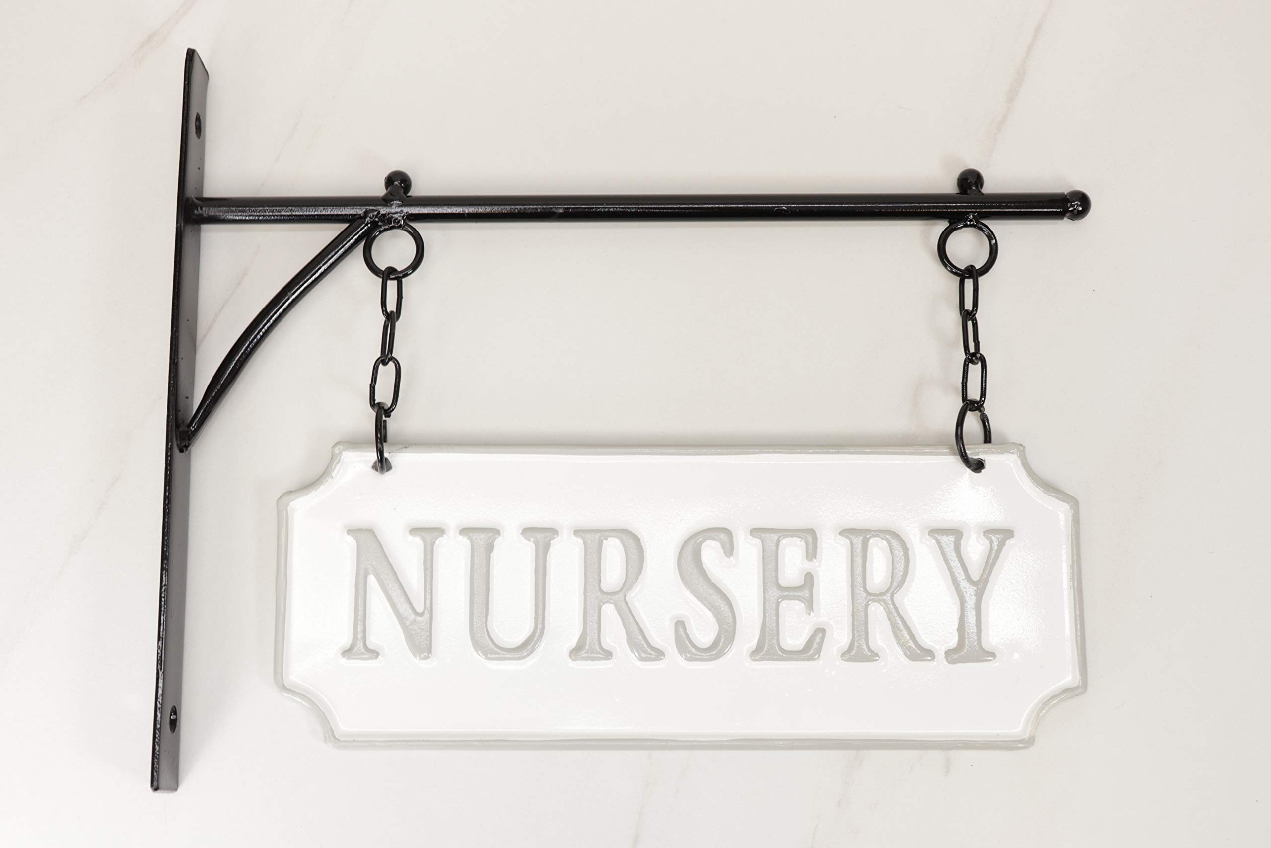 Silvercloud Trading Co. Rustic Hanging Double-Sided NURSERY Embossed Soft Gray on White Enamel Metal Sign with Bracket - Wall Decor - Room Label