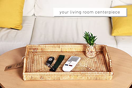 Large Rattan Tray with Rattan Coasters - Premium Flat Rectangular Serving Tray with Handles, Wicker Basket Tray 17''x11.4''x2'' Hand Woven Decorative Bed Tray for Coffee Table, Boho Tray by LYSCO
