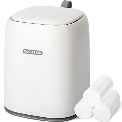 XCX Mini Countertop Trash Can with 3 Rolls of Trash Bags, Waste Can with Press Type Lid, 1.5 L / 0.40 Gal Wastebasket Trash Can Dispenser, Mini Bin for Coffee Table, Bathroom Vanity Top (White)