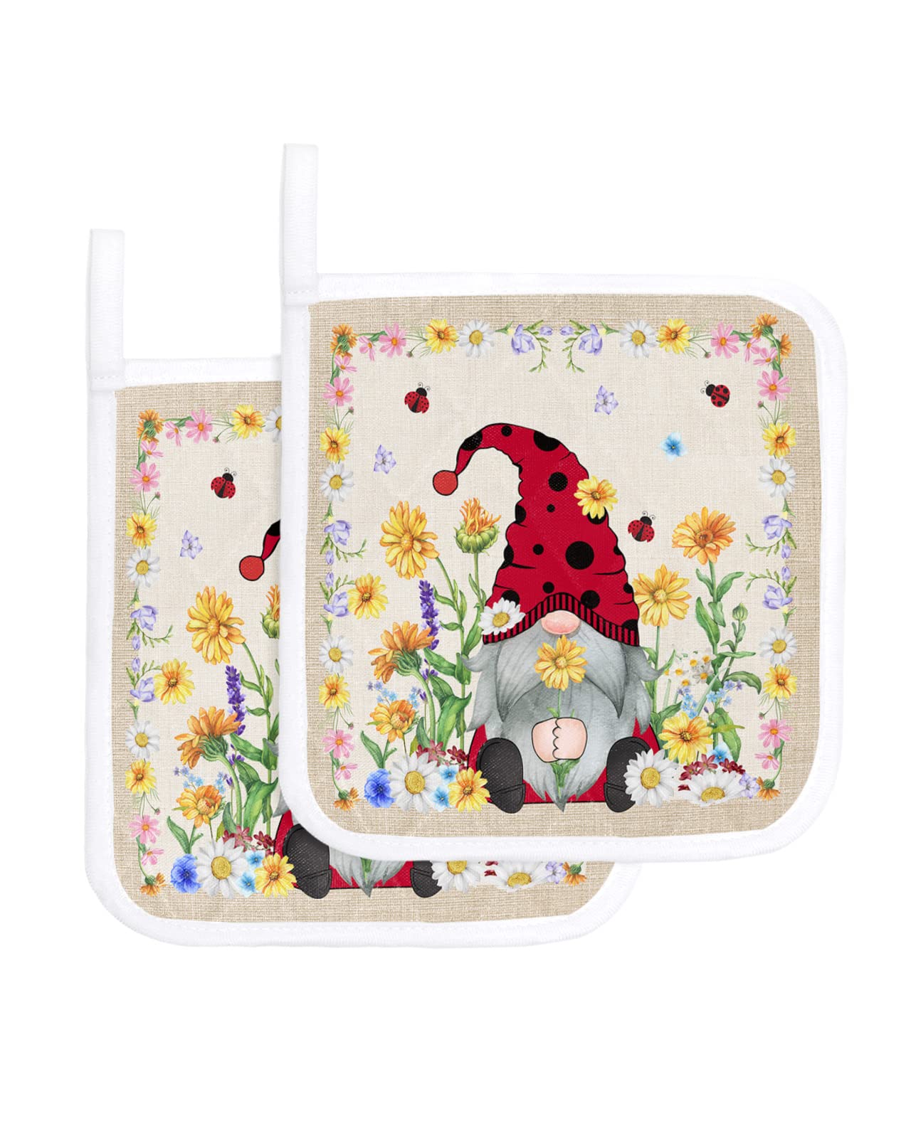 2 Pack Pot Holders for Kitchen,Spring Idyllic Gnome Yellow Daisy Flower Red Ladybug Heat Proof Potholder Hot Pads Trivet,Elf Country Floral Plant Washable Coaster Potholders for Cooking Baking