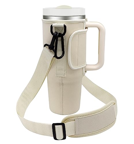 Aiscool Water Bottle Carrier Bag Holder for Stanley Quencher H2.0 Tumbler 40 Oz Cream, Neoprene Water Bottle Sling Bag Sleeve Holder Carrier with Adjustable Shoulder Strap & Straw Covers