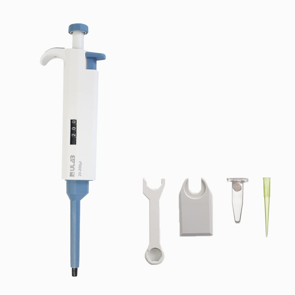 ULAB Single Channel Pipettor with Pipette Tips Offered, 1pc of Adjustable Volume Micro Pipette with Vol.Range.20-200μl, 1000pcs of Vol.200μl Pipette Tips in Yellow Color, ULH1020