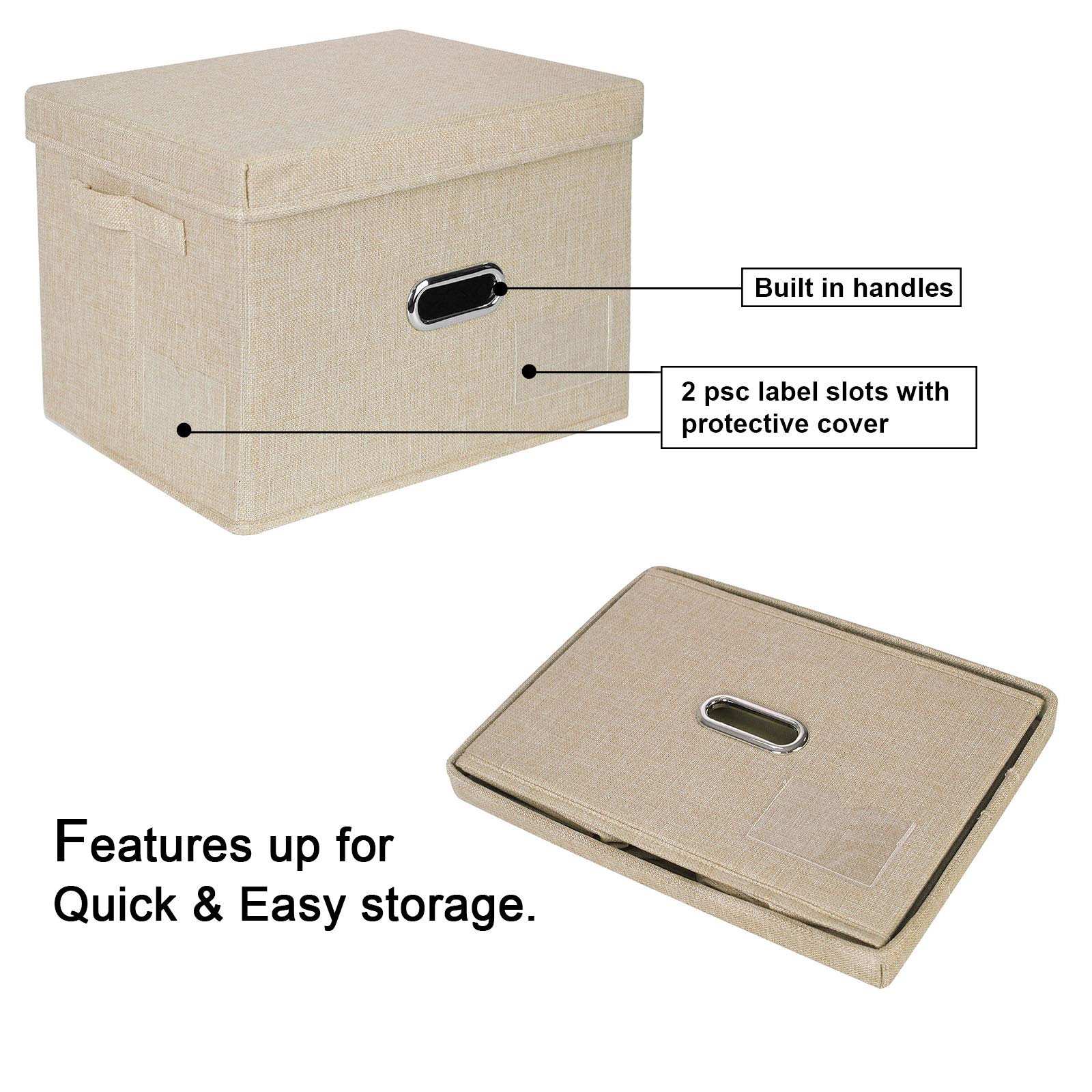 Foldable Storage Boxes with Lids Linen Fabric Collapsible Clothing Bin Organizer Baskets Containers with Carry Handles Transparent Slot Design for Home Bedroom Office Kids Room (Khaki, 3 Pack)
