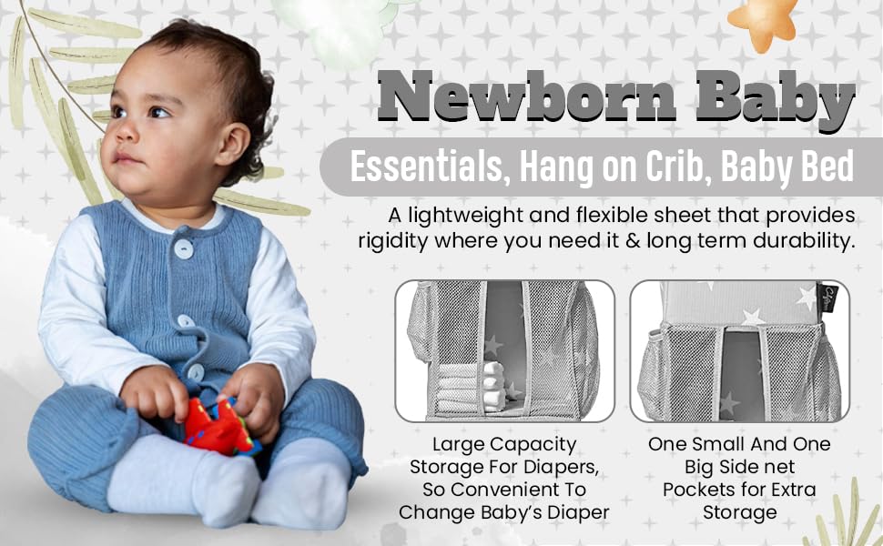 Star Pattern Diaper Caddy and Nursery Organizer for Newborn Baby Essentials, Hang on Crib, Baby Bed. Changing Table or wall. Multiple Pockets to Store Wipes, Creams, Lotions, Toys and more.