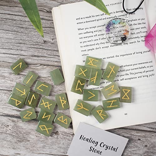 BEZAVO Green Jade Rune Stones with Pendant Silver Ring, 25 pcs Rune Stone with Engraved Elder Futhark Chakra Runes Crystal Set, Viking, Divine Meditation Witchcraft Reiki Supplies Gift for Home Decor