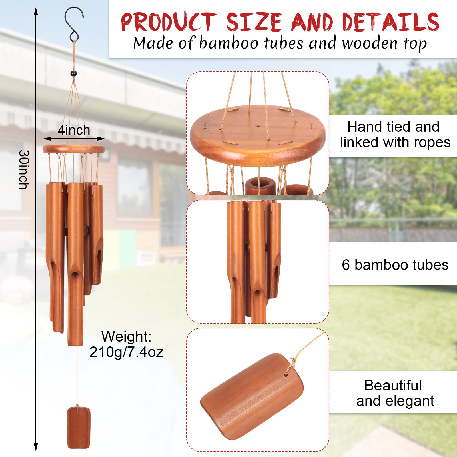 2 Pieces Bamboo Wind Chimes Outdoor 30 Inches Wooden Wind Chimes Classic Zen Rustic Wind Chimes Deep Tone for Patio Garden Home Outdoor Decor