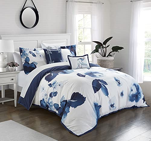 Chic Home Brookfield Garden 5 Piece Comforter Set Large Scale Floral Pattern Print Bedding-Decorative Pillows Shams Included, Queen, Blue
