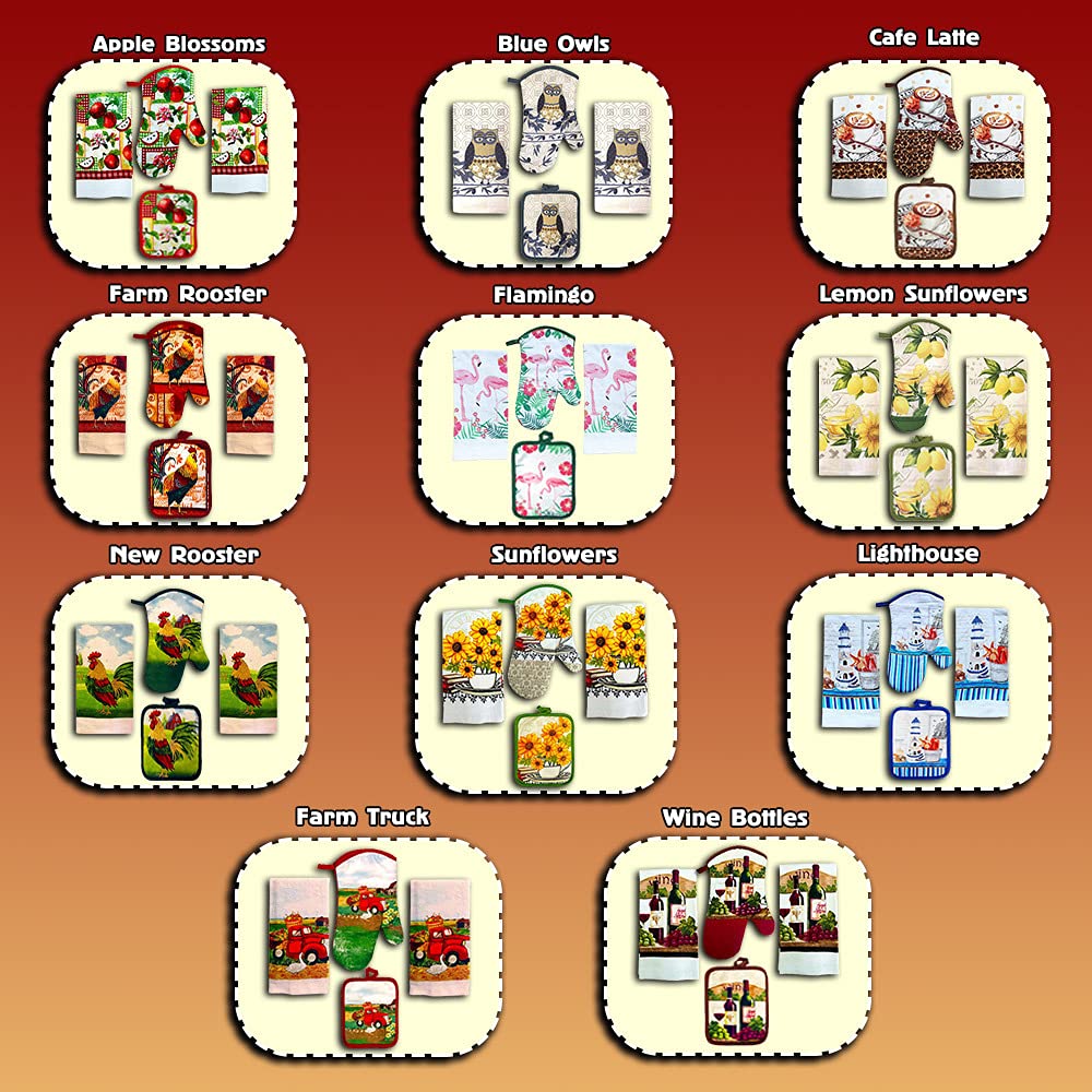 Lobyn Value Packs 4 Pack Kitchen Linens Lightweight Decorative Kitchen Towel Oven Mitt & Potholder (Rooster)