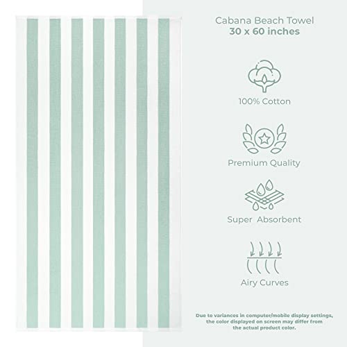 American Soft Linen Beach Towel, Cabana Striped 100% Cotton Pool Towels, 30x60 in Oversized Beach Towels, Soft Absorbent Sand Free Swim Towels, Mint Green