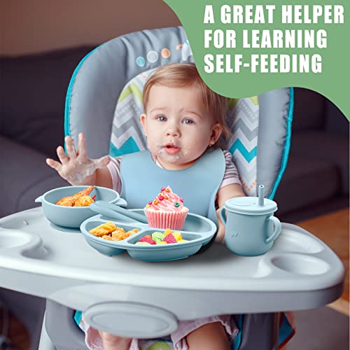 3 Sets Baby Led Weaning Supplies, Silicone Baby Feeding Set with Divided Plate Adjustable Bib Suction Bowl with Lid Snack Cup Soft Spoon Fork, Self Eating Utensil (Light Blue, Light Green, Light Gray)