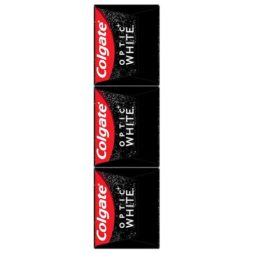 Colgate Optic White with Charcoal Whitening Toothpaste, Cool Mint Flavor, Safely Removes Surface Stains, Enamel-Safe for Daily Use, Teeth Whitening Toothpaste with Fluoride, 3 Pack, 4.2 Oz Tube