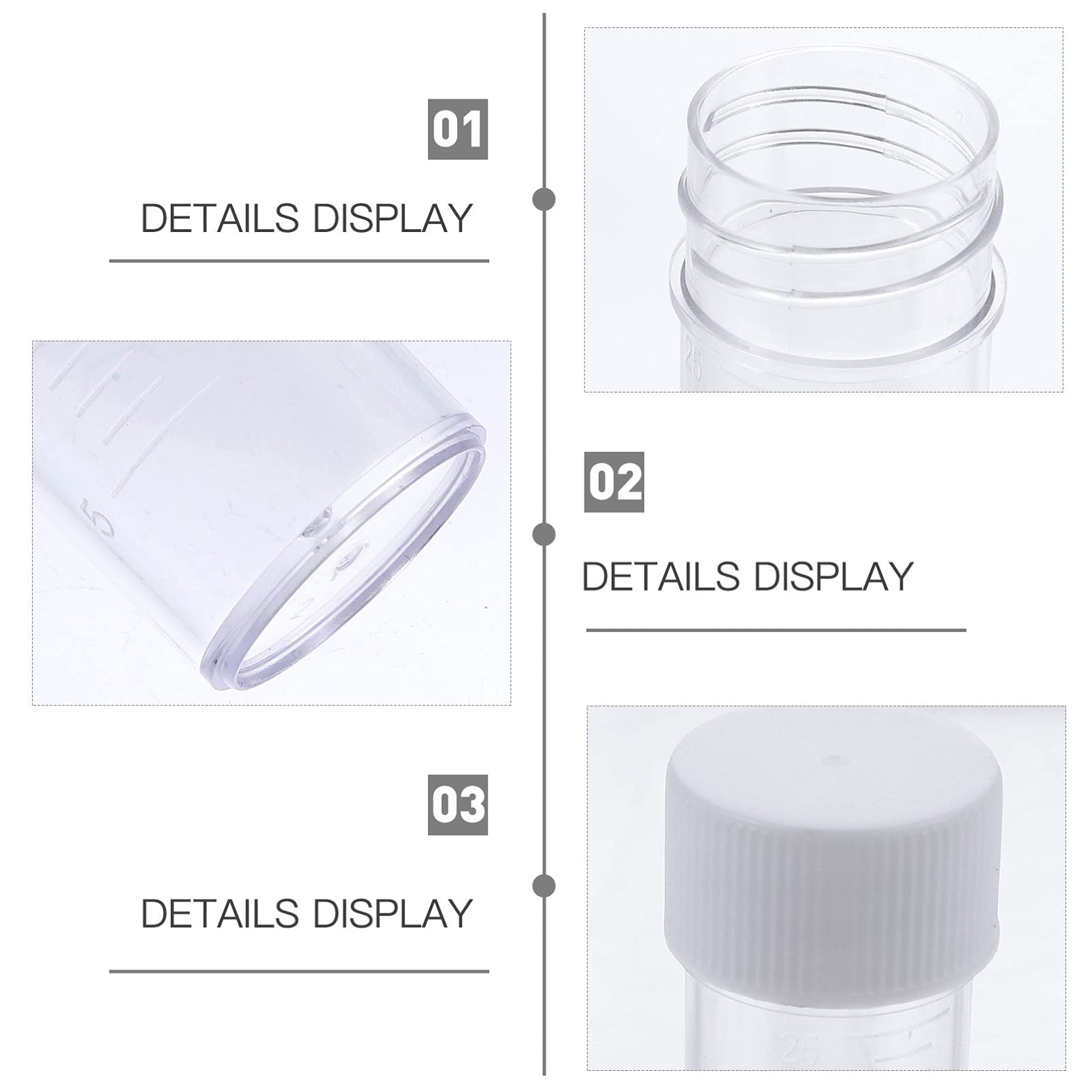 Baluue 50pcs Plastic Test Tubes Screw Caps Small Bottle Vial Storage Sputum Sample Vial Container for Lab Specimen Organizer 25ml