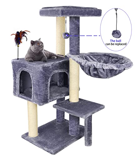 AIWIKIDE 002G Cat Tree has Scratching Toy with a Ball Activity Centre Cat Tower Furniture Jute-Covered Scratching Posts Grey …