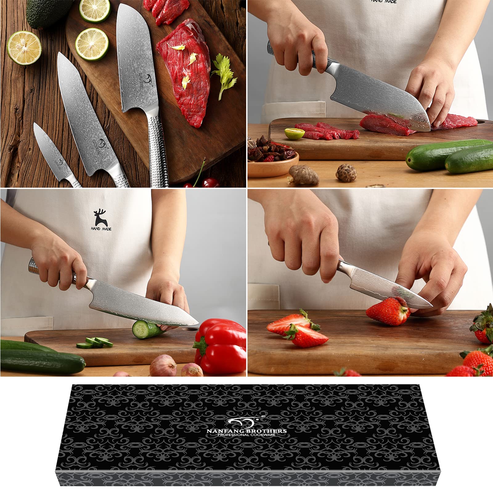 3 Pieces Damascus Kitchen Knife Set with 8” Chef Knife, 7” Santoku Knife, 3.5” Paring Knife, 67 Layer Handmade Damascus VG10 Steel Core, Hammered Ergonomic Handle (Gift Box)