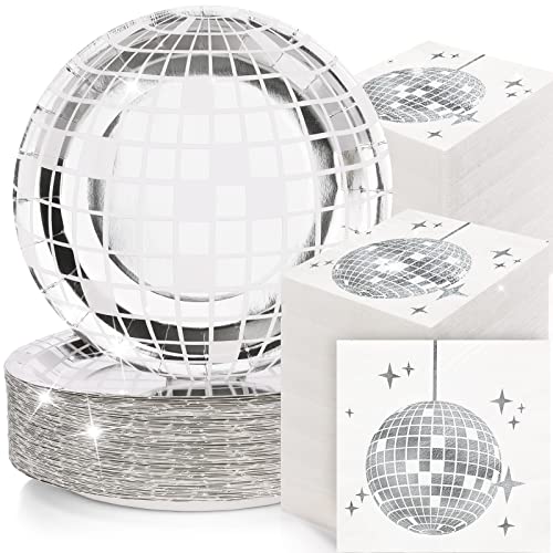 200 Pcs 70s Disco Party Supplies Includes Disco Ball Paper Plates and Disco Cocktail Napkins Silver Disco Paper Plates Disco Napkins for 80s 90s Disco Bachelorette Birthday Party Picnic (White)