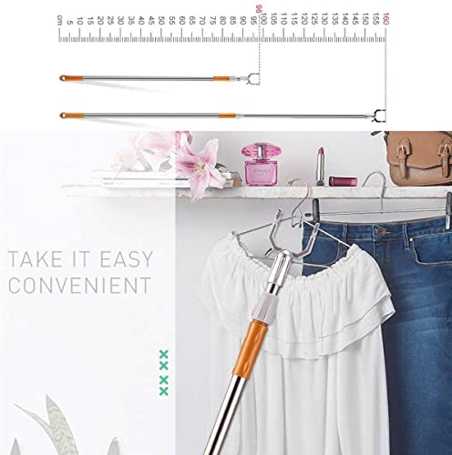 Extended Long Reach Stick Pole with Hook 63" Telescopic Garment Reaching Stick Adjustable Reaching Pole for Ceiling, Garment Blind Window