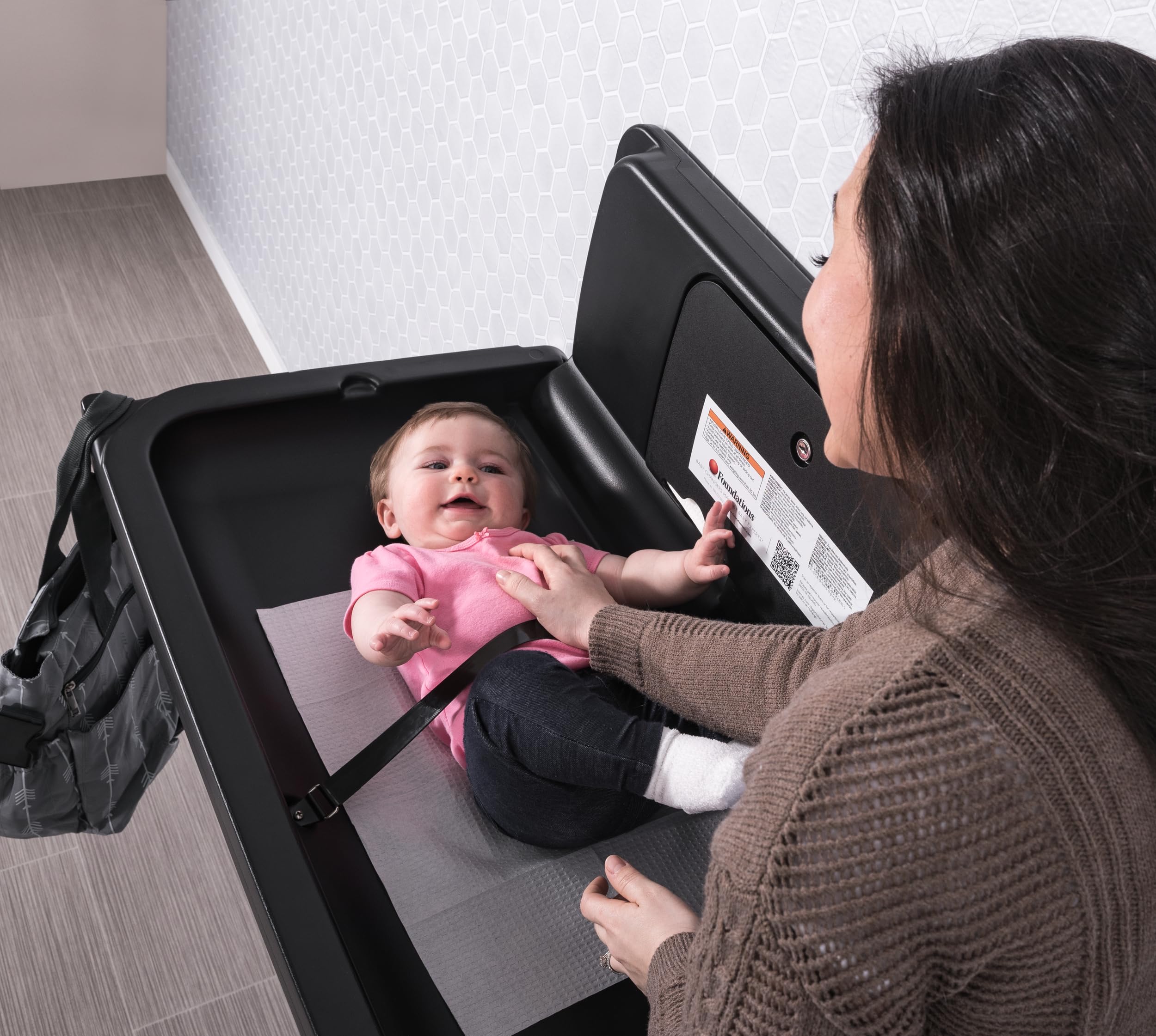 Foundations 200-EH-02 Ultra Horizontal Wall Mounted Baby Changing Station, Polyethylene with Heavy Duty Stainless Steel Hinge, Built-in Liner Dispenser, Two Bag Hooks - Black