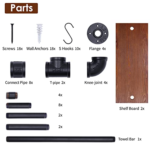 2 Tier Bathroom Floating Shelves with Industrial Pipe, 36 Inch Rustic Wood Wall Mounted Over Toilet Shelves with Towel Bar and Hooks, Wall Shelves for Bookshelf Kitchen Bar Living Room