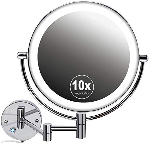 Jolitac 8.5 Inch LED Makeup Mirror Wall Mount, 10X/1X Magnification Chrome Personal Make Up Mirror Round Shaped, Double-Sided Swivel Vanity Mirror Touch Button Adjustable Light for Bathroom