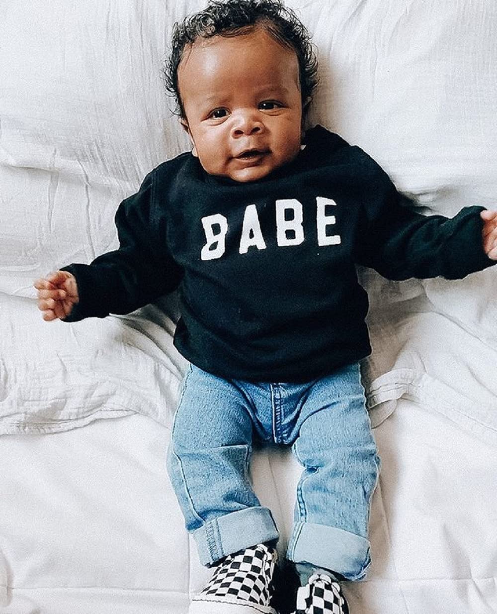 wdehow Newborn Toddler Baby Boys Girls Pullover Long Sleeve Babe Letters Print Sweatshirt Sweater Tops Fall Winter Clothes (Black, 0-6 Months)