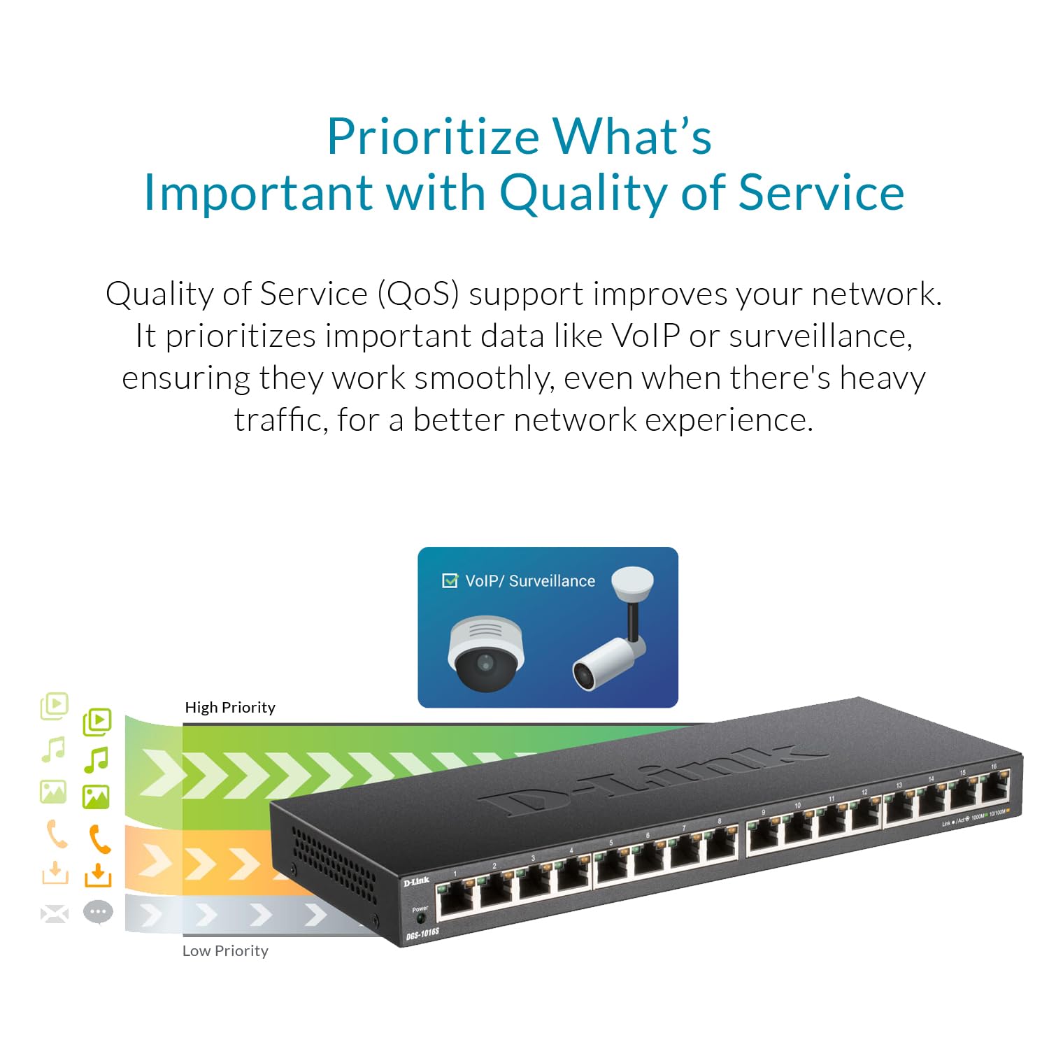 D-Link Ethernet Switch, 16 Port Gigabit Slim Switch Plug and Play, Unmanaged, Metal Housing, Quiet Fanless Design, IEEE 802.3az EEE, 5-Year Limited Warranty (DGS-1016S) Black